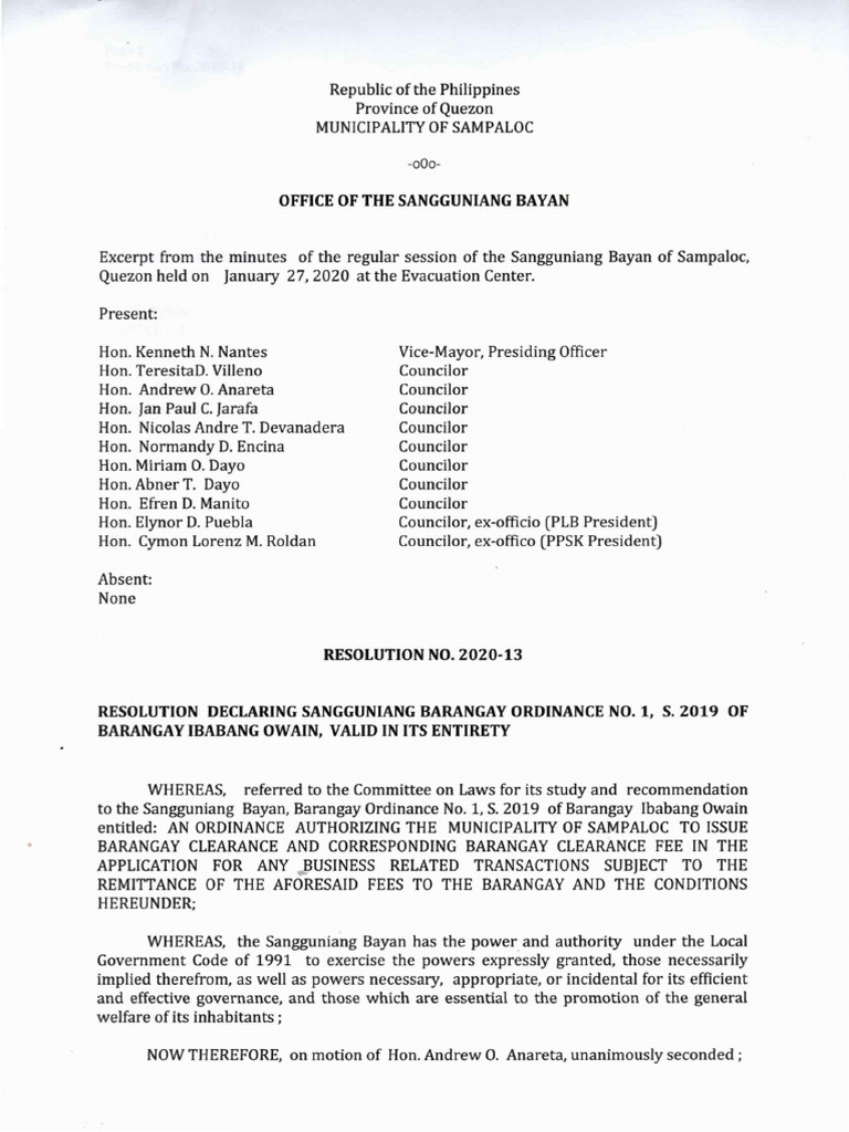 2020 13 Resolution Declaring Sangguniang Barangay Ordinance No. 1 S. 2019 of Barangay Iba. Owain ...