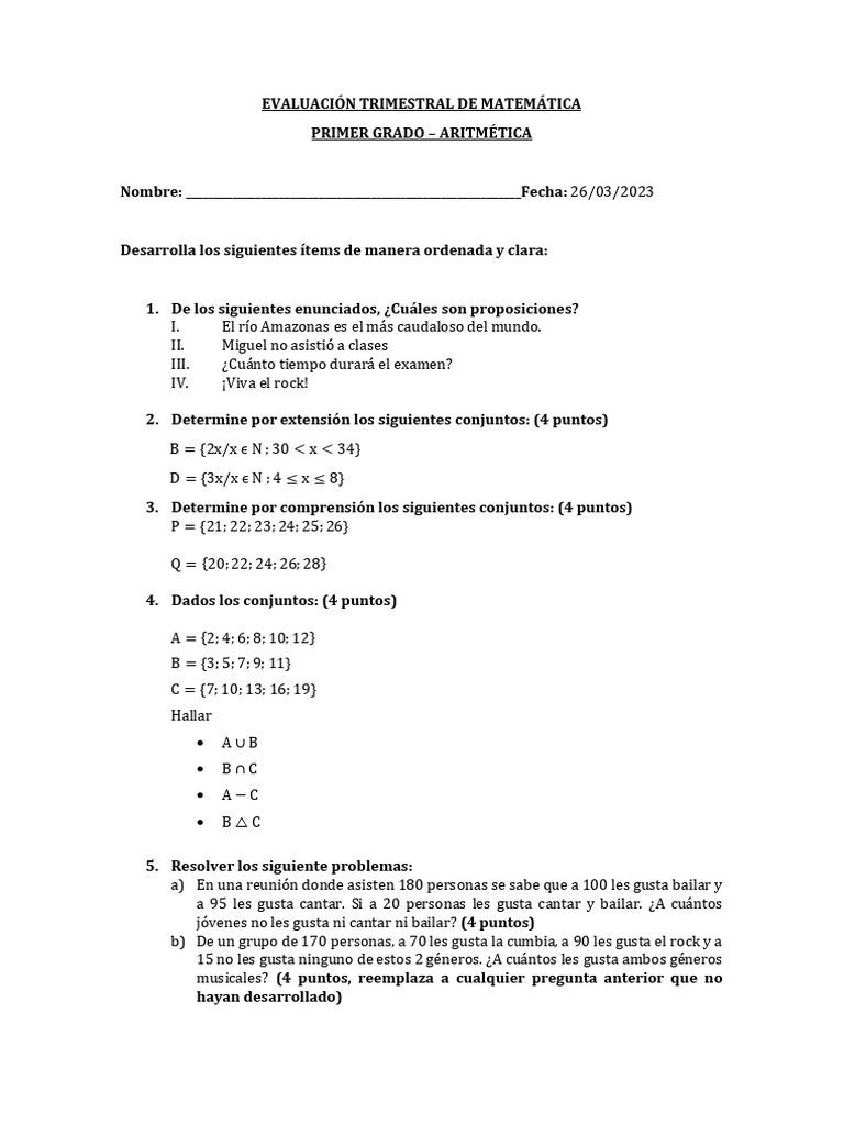 Evaluacion de Matemática 1° Trim I | PDF