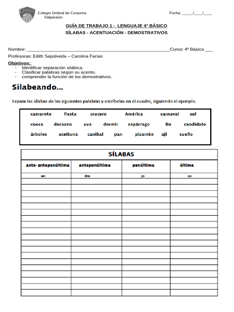 Lenguaje Guía 1 Sílabas - Acentuación - Demostrativos | PDF