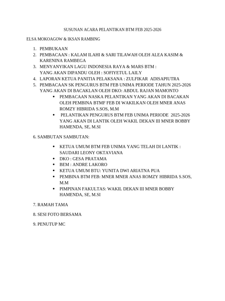 Susunan Acara Pelantikan BTM Feb 2025 Fix | PDF