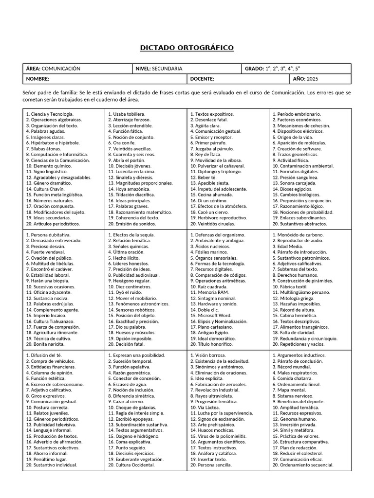 Dictado Ortográfico para Secundaria | PDF