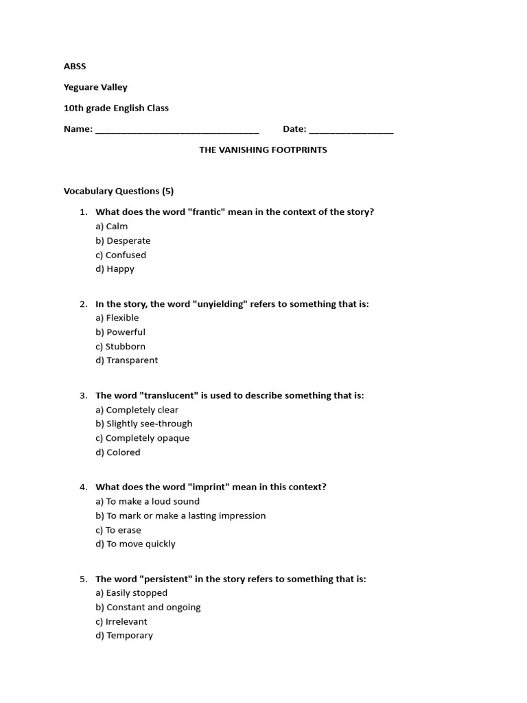 Vocabulary and Comprehension for "The Vanishing Footprints" | PDF