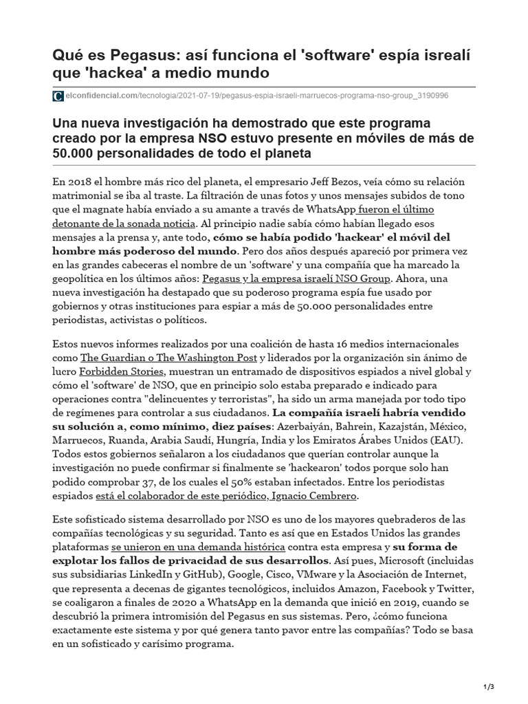 Qué es Pegasus así funciona el software espía isrealí que hackea a medio mundo | PDF | Seguridad ...
