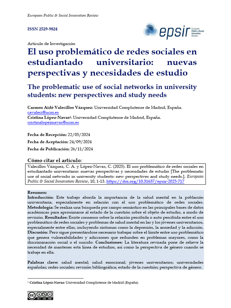 El Uso Problemático de Redes Sociales en Estudiantado Universitario ...