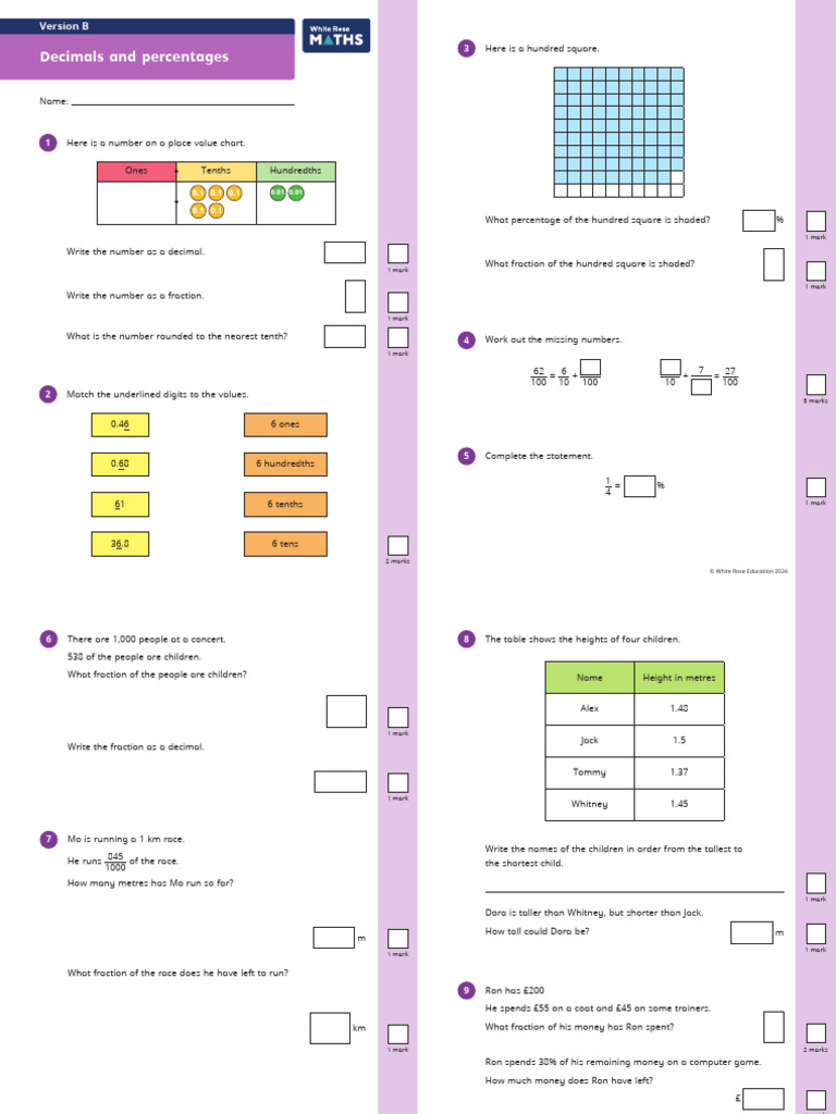 Decimals and Percentages EoB Assessment - Shade | PDF | Mathematical ...