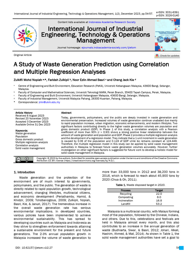 A Study of Waste Generation Prediction Using Corre | PDF | Multicollinearity | Errors And Residuals