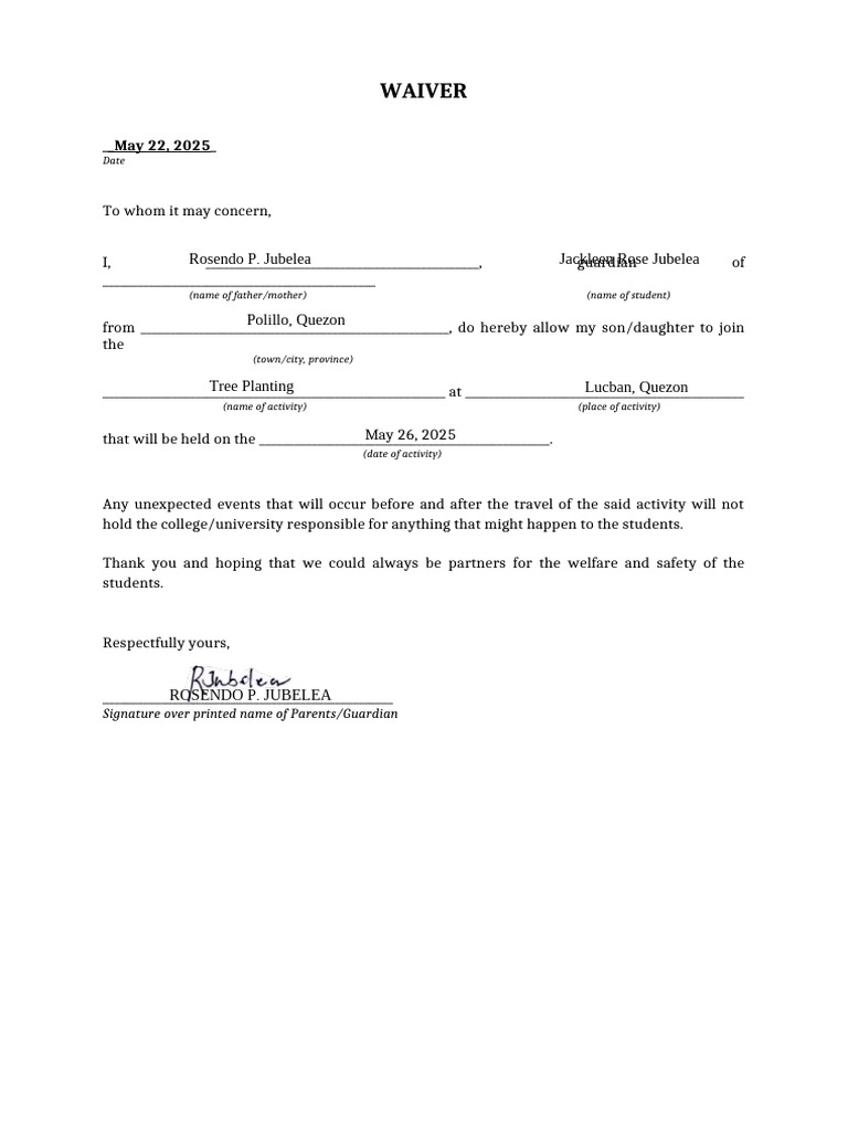 JUBELEA WAIVER Tree Planting | PDF