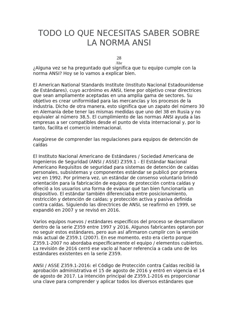Guía sobre la norma ANSI Z359.1 | PDF | Conector eléctrico
