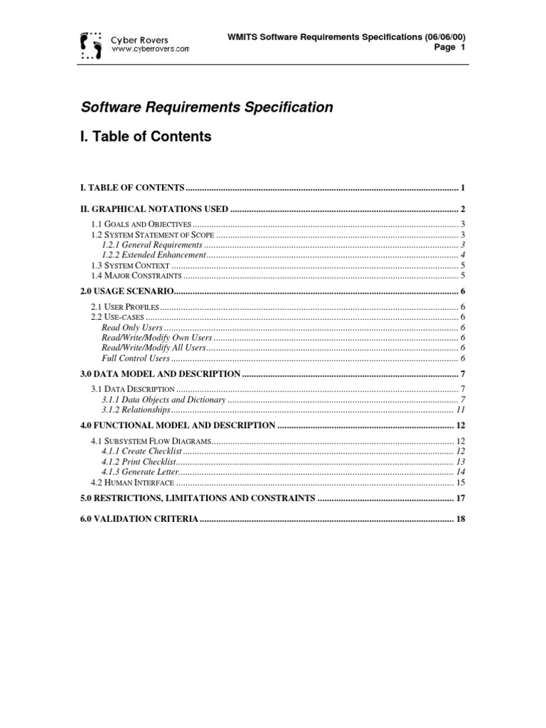 Software Requirements Specification: I. Table of Contents | PDF