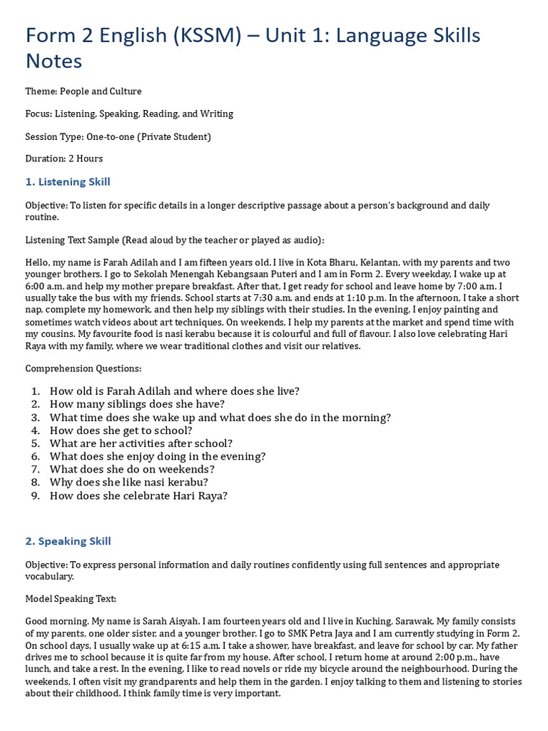 Form 2 English KSSM Unit 1 Language Skills.pdf | PDF