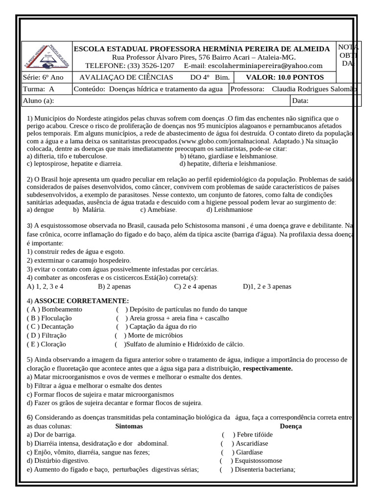 prova 6 ano agua e tratamento | PDF | Cólera | Hepatite