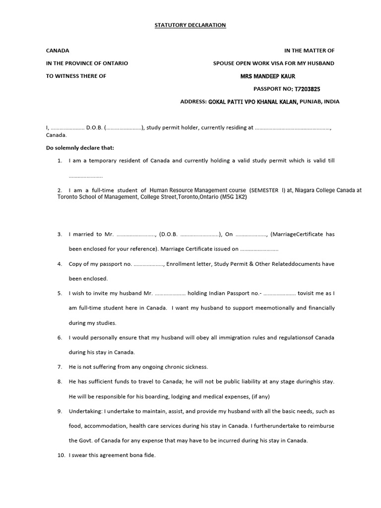 Spouse Open Work Visa Declaration Canada | PDF | Government And ...