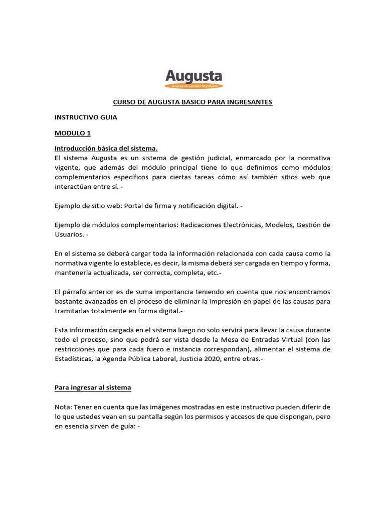 Instructivo Modulo 1 Augusta Básico | PDF | Ventana (informática) | Botón (Computación)