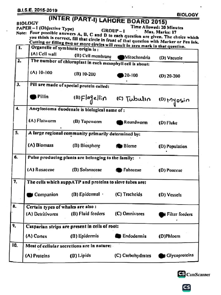 Inter-1 Bio Solved MCQs | PDF