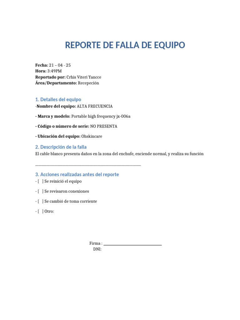 Reporte Falla Equipo | PDF