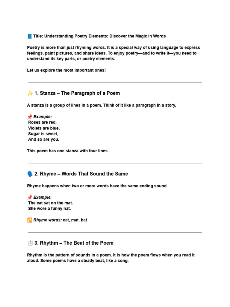 Understanding Poetry Elements - Discover The Magic in Words | PDF | Poetry | Rhyme