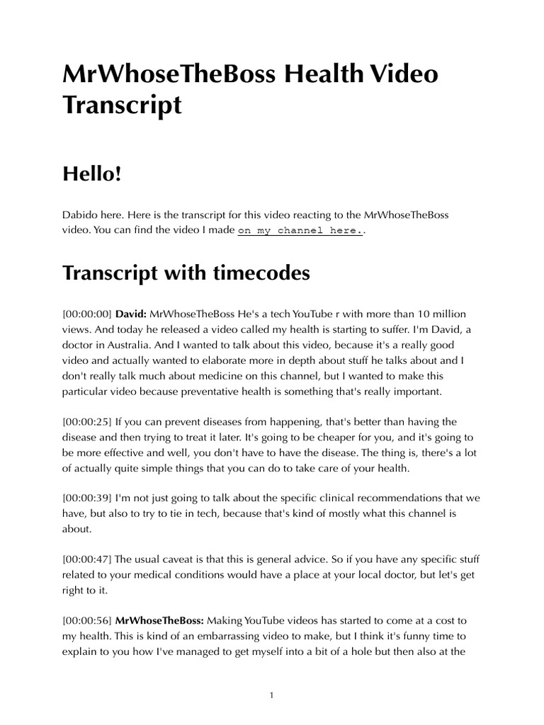 MrWhoseTheBoss Health Video Transcript | PDF | Sleep | Breathing