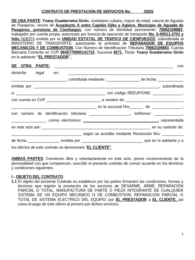 CONTRATO DE SERVICIOS MECANICA GENERAL Yoani 2023 | PDF