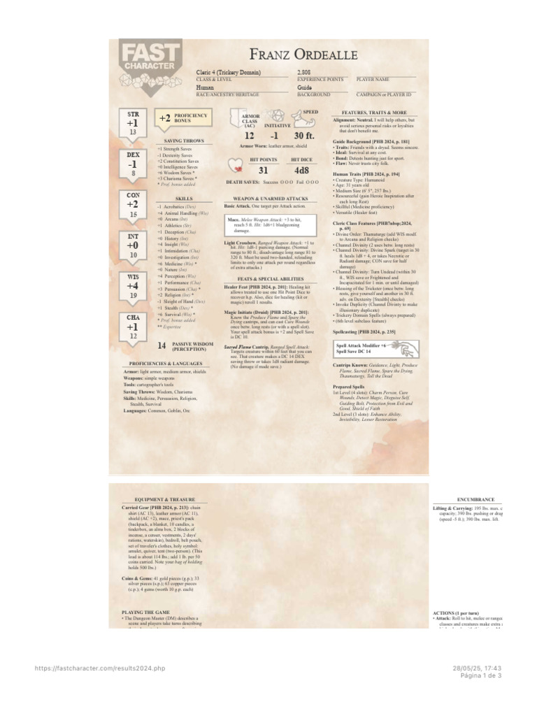 Fast Character - Human Cleric 4 (Trickery Domain) - PHB 2024 | PDF ...