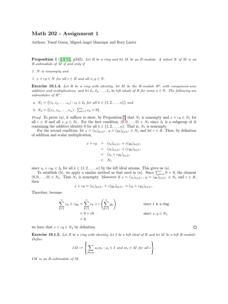 Math 202 - Assignment 1 | PDF | Module (Mathematics) | Ring (Mathematics)