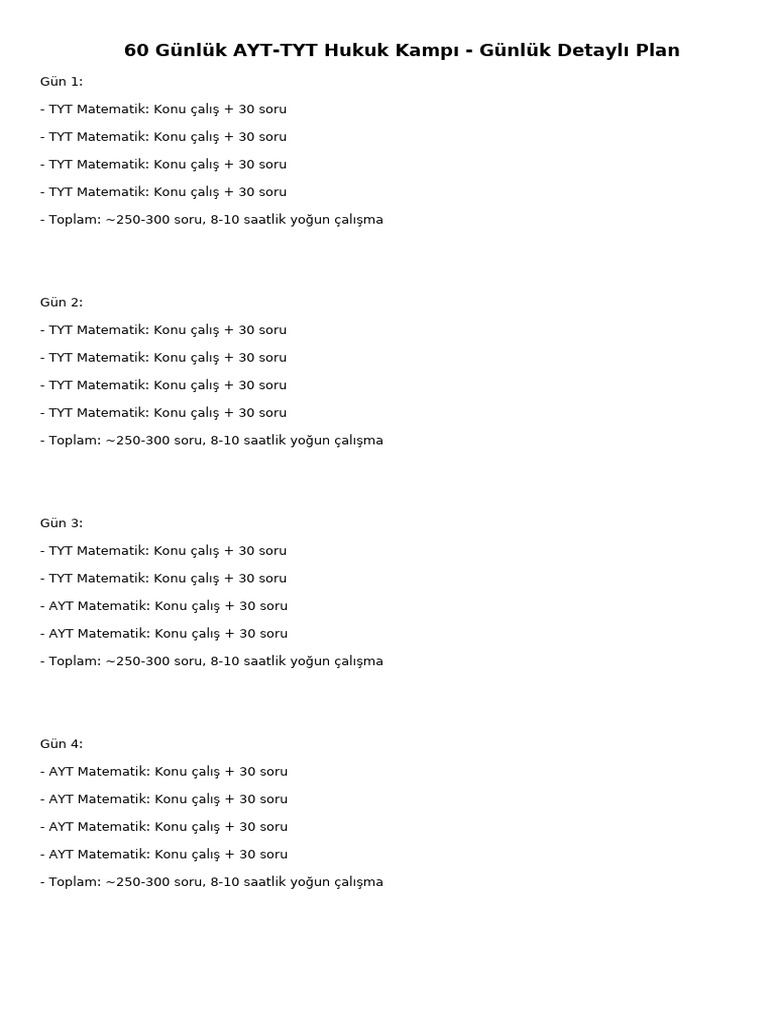 60 Gunluk AYT TYT Hukuk Kampi Detayli Plan | PDF