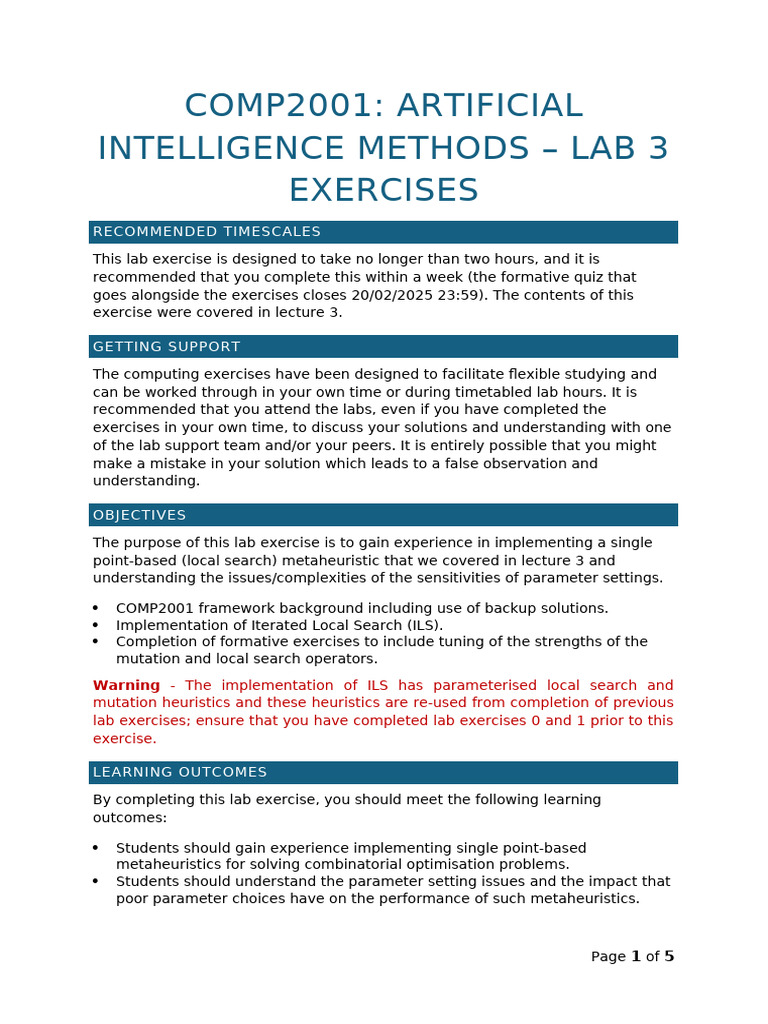 COMP2001 Lab 3 Exercises | PDF | Metaheuristic | Theoretical Computer Science