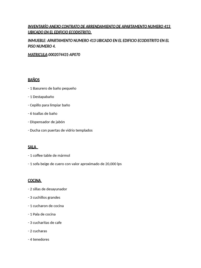 Inventarío Anexo Contrato de Arrendamiento de Apartamento Numero 413 Ubicado en El Edificio ...