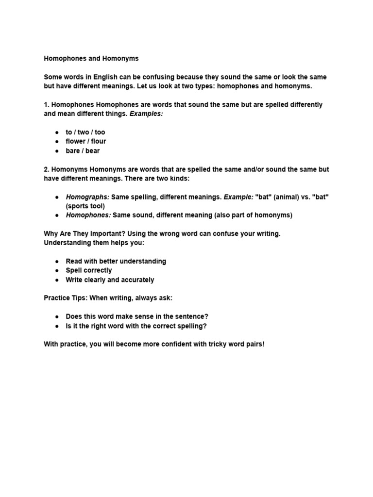 Homophones and Homonyms - Same But Different | PDF