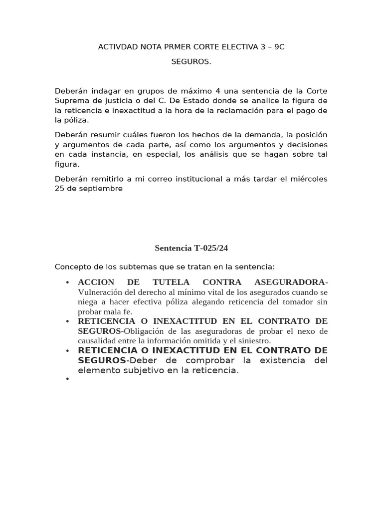 Actividad Primer Corte Electiva en Seguros | PDF