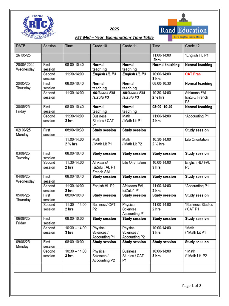 2025 FET Mid-Year Exam Timetable | PDF | Educational Stages