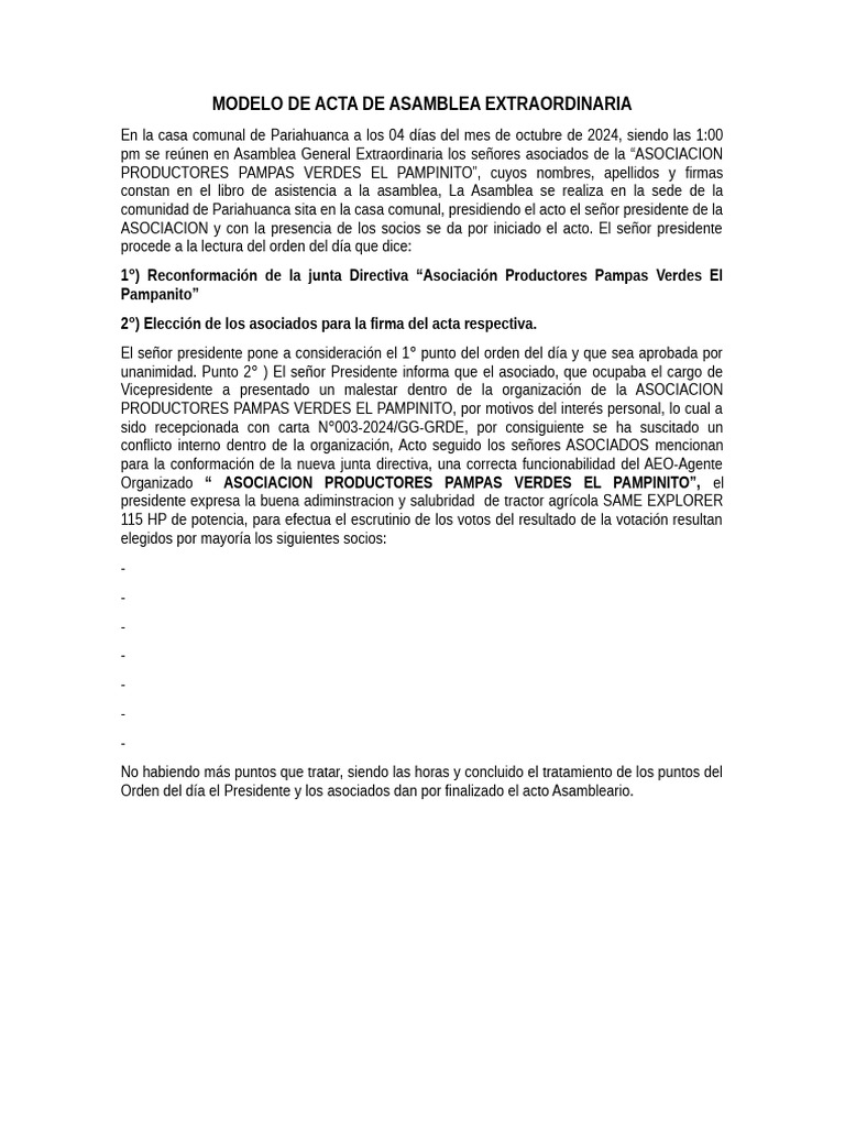Modelo de Acta de Asamblea Extraordinaria | PDF