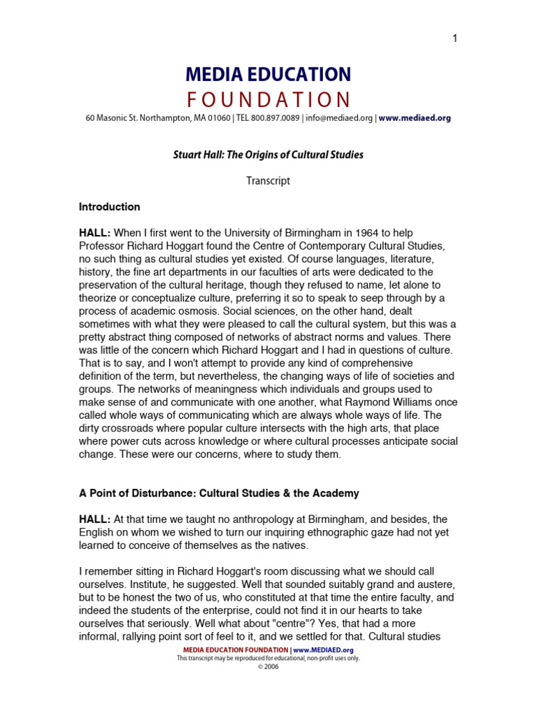 Stuart Hall The Origins of Cultural Studies Transcript | PDF | Cultural Studies | Race (Human ...