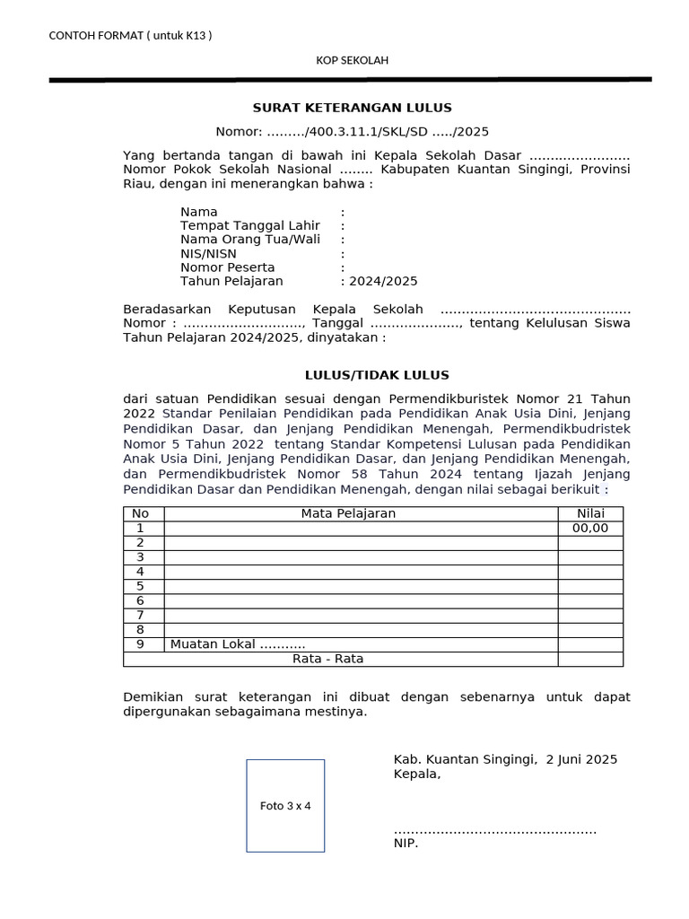Contoh SKL SD Format 2025 | PDF