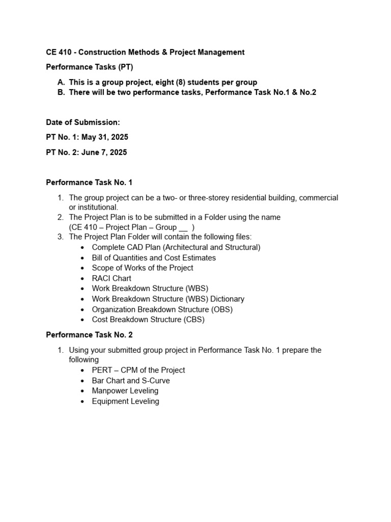 Ce 410 Performance Tasks | PDF