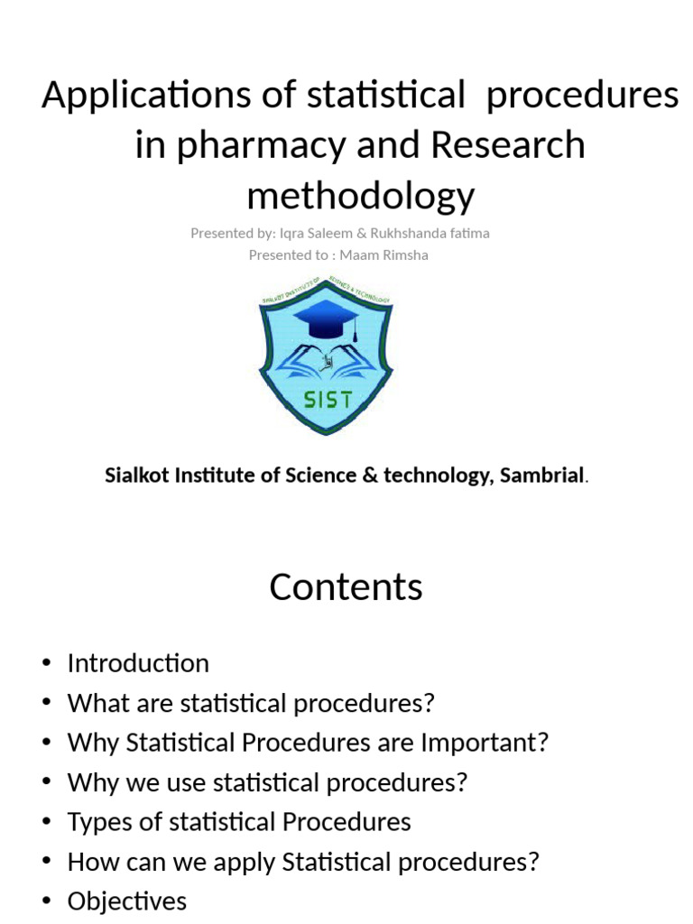 Applications of Statistical Procedures in Pharmacy and Research | PDF ...
