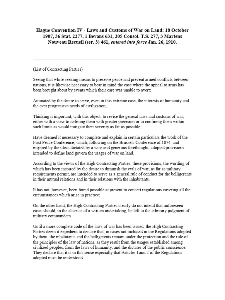 Hague Convention IV: Laws of War on Land | PDF | Espionage | Military ...