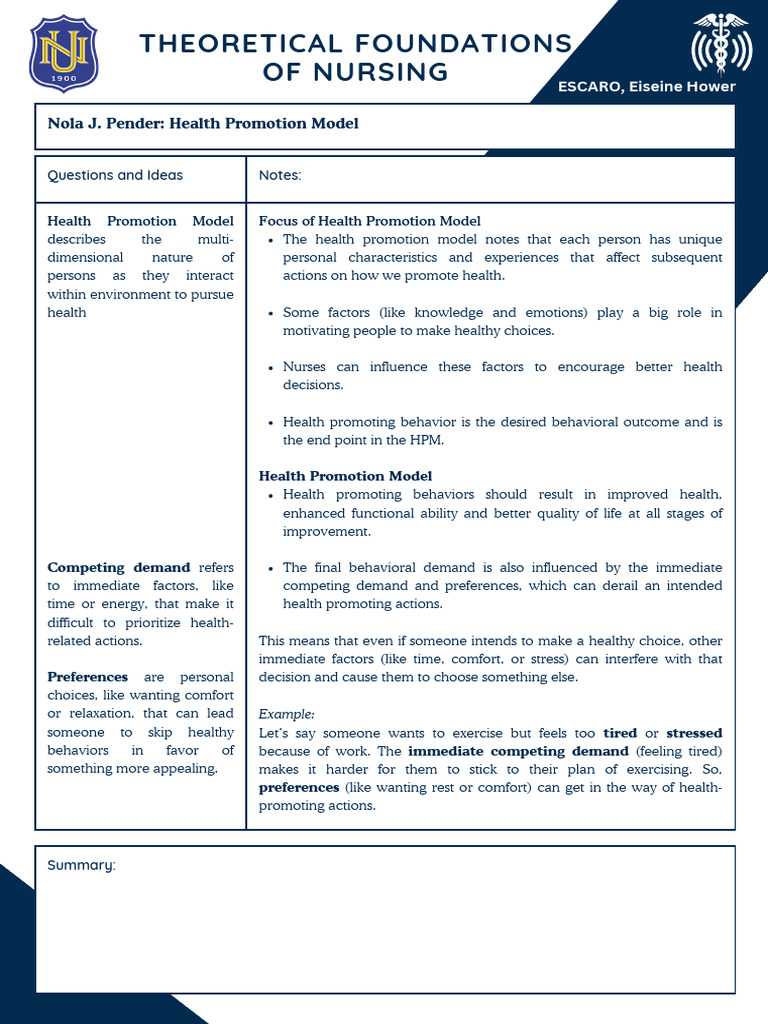 Pender Health Promotion Model | PDF | Behavior | Self Efficacy