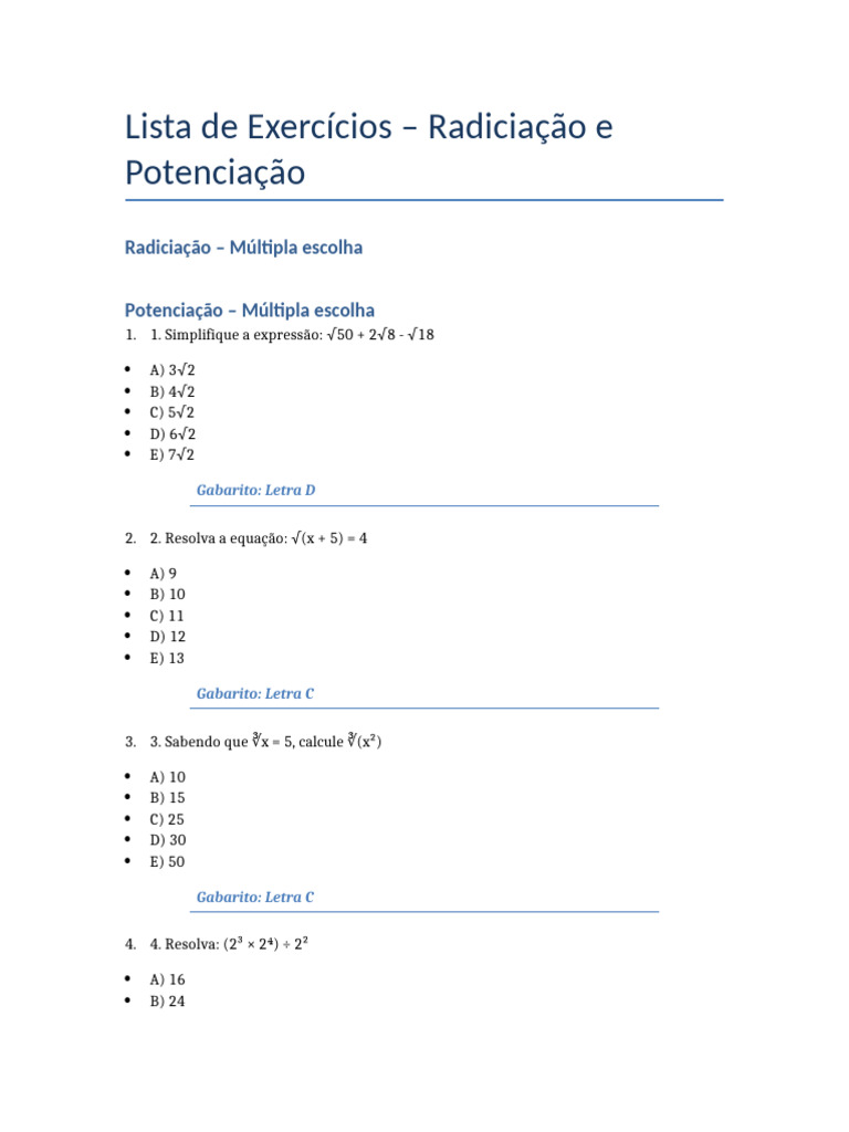 Lista Exercicios Radiciacao Potenciacao | PDF
