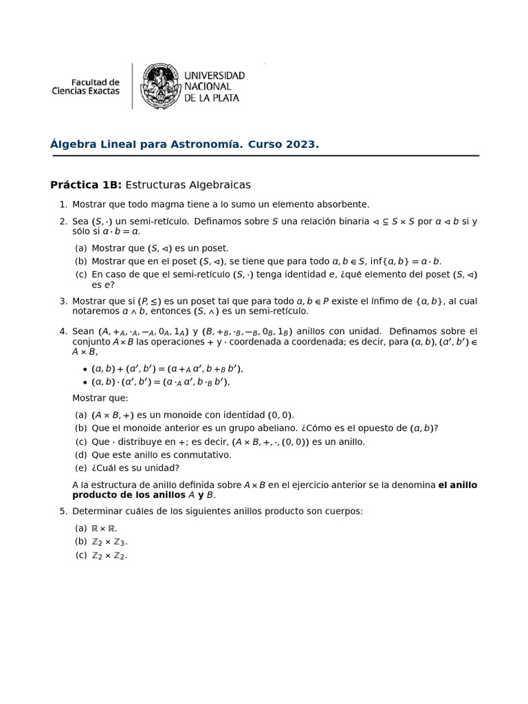 Algebra TP 1B | PDF | Anillo (Matemáticas) | Campo (Matemáticas)