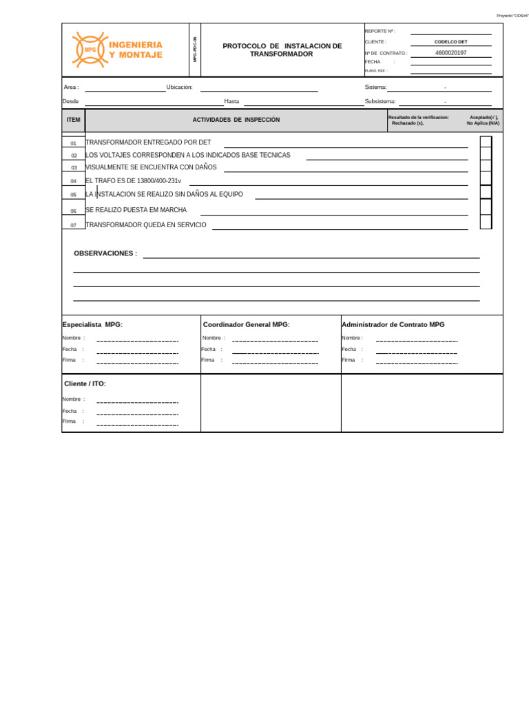 Protocolo de Instalacion de Transformador OK4.3.3 | PDF