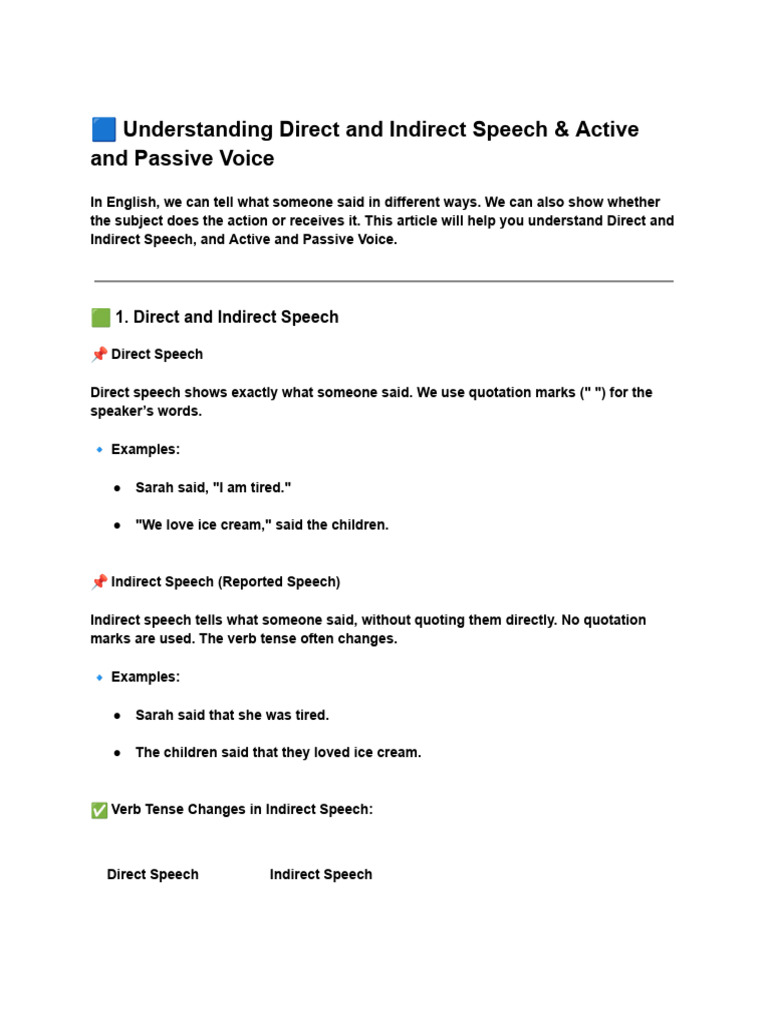 Understanding Direct and Indirect Speech & Active and Passive Voice | PDF
