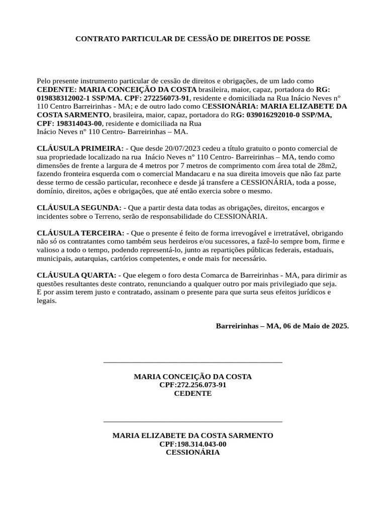 Contrato De Cessão De Posse Pdf