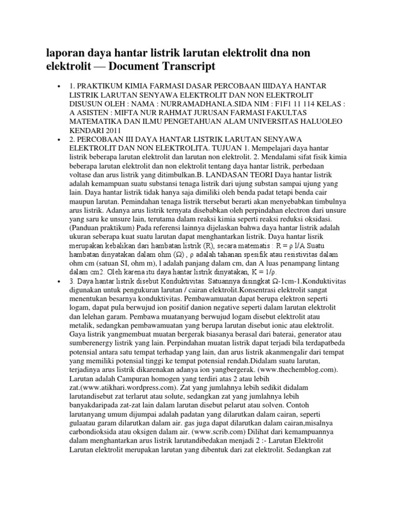 Laporan Daya Hantar Listrik Larutan Elektrolit Dna Non Elektrolit | PDF