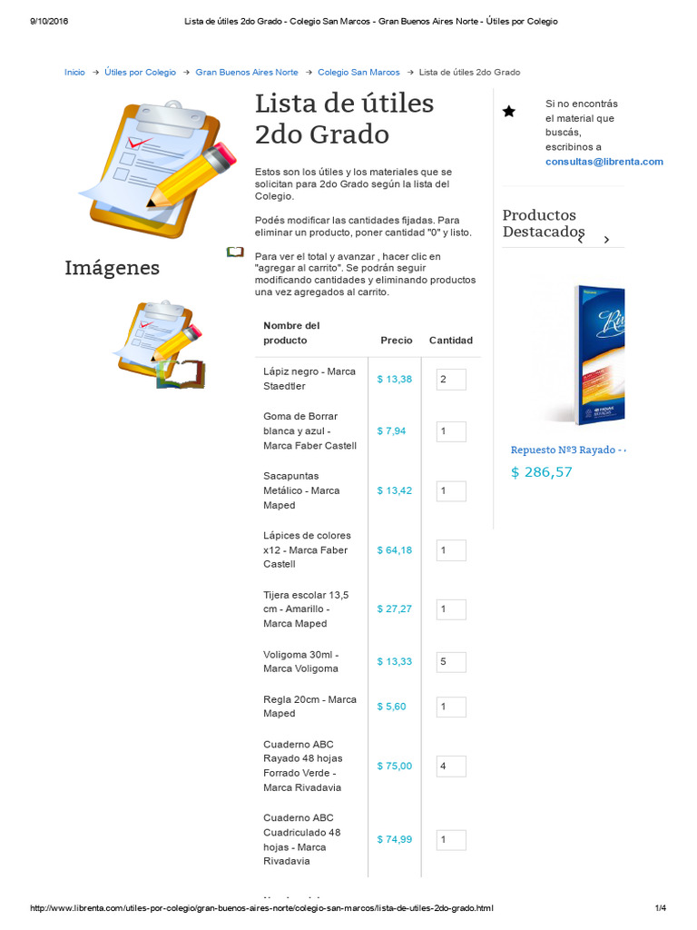 Lista de Útiles 2do Grado - Colegio San Marcos - Gran Buenos Aires Norte - Útiles Por Colegio ...