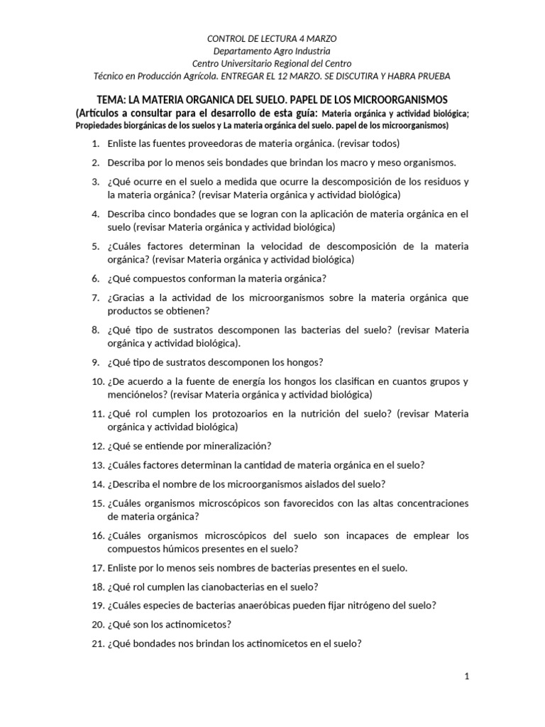 Control Lect Materia Organica y Los Microorganismos | PDF | Suelo | Microorganismo