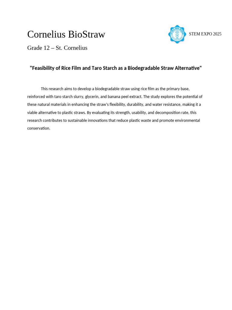 Cornelius Bioplastic Straw | PDF