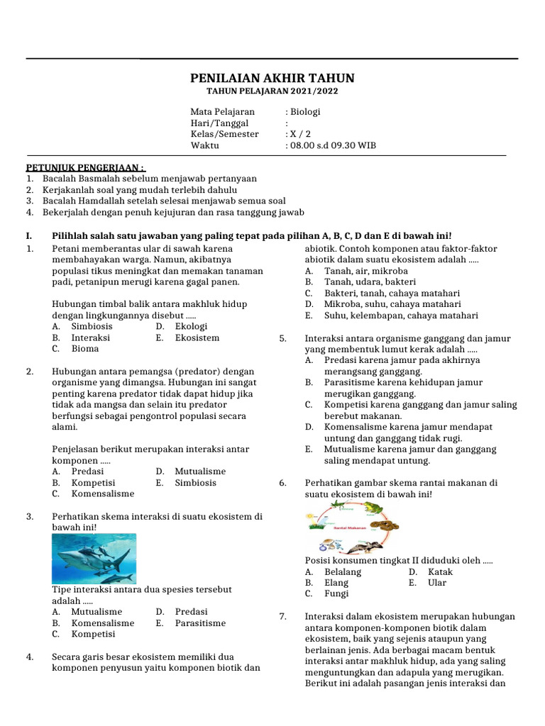 PAT Biologi X semester 2 | PDF