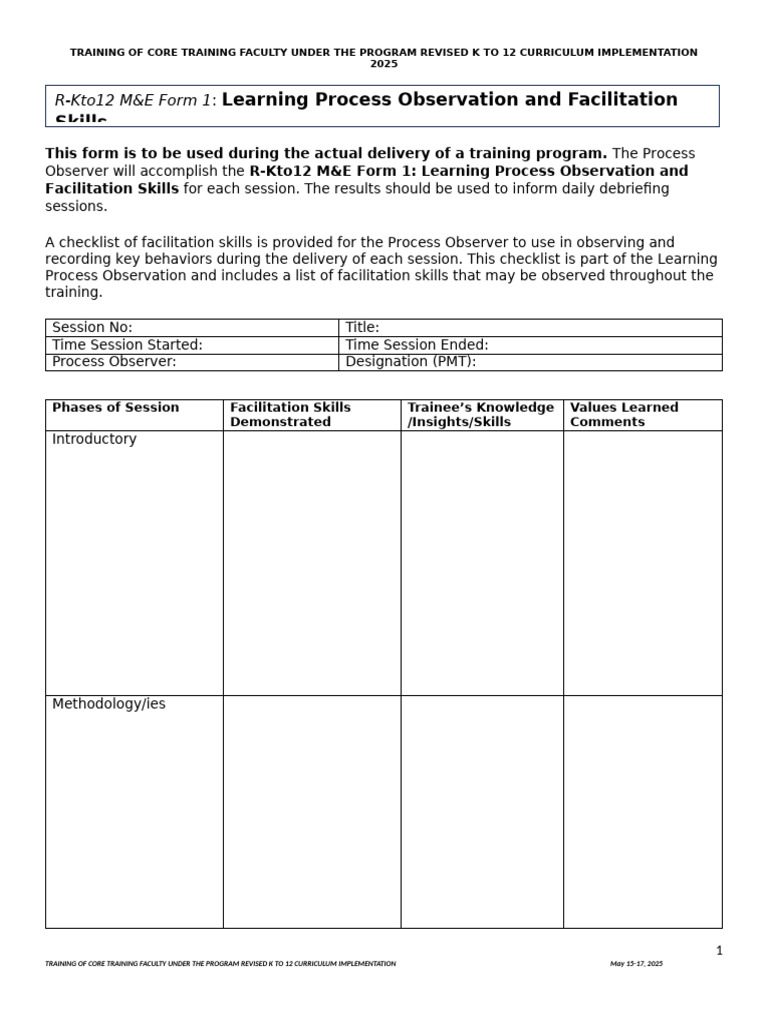 R - Kto12 M&E Form 1 - Learning Process Observation and Facilitation Skills A | PDF | Learning ...