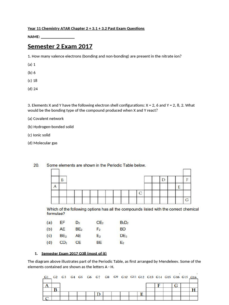 Year 11 Chemistry Exam Questions Guide | PDF | Ion | Chemical Elements