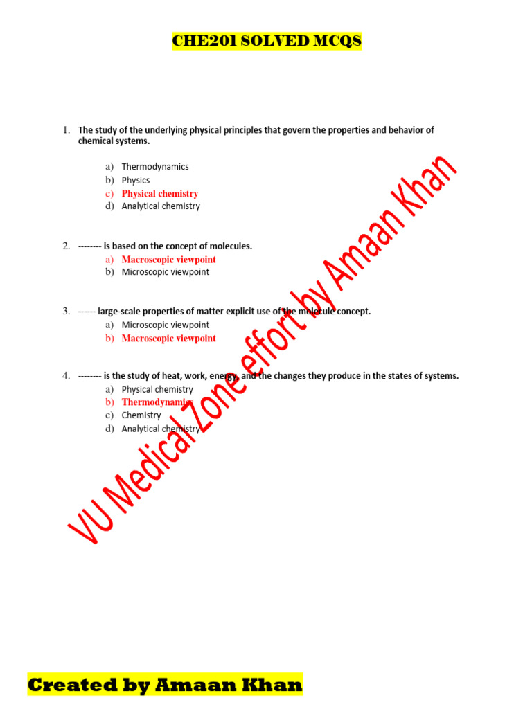 CHE201 M.Q.S File by Amaan Khan - PDF Version 1 | PDF | Chemical Equilibrium | Gases